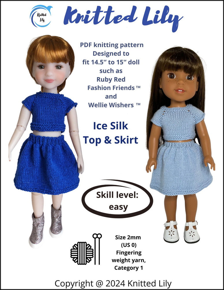 Knitted Lily Ice Silk Top and Skirt PDF Knitting Pattern for 14.5-15" Dolls