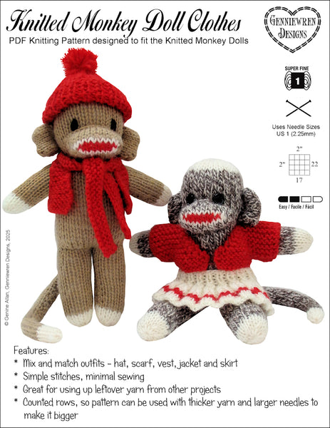 Genniewren Knitted Monkey Doll and Clothes Knitting Pattern