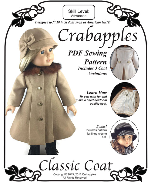 Classic Coat and Hat 18 inch Doll Clothes PDF Pattern Download